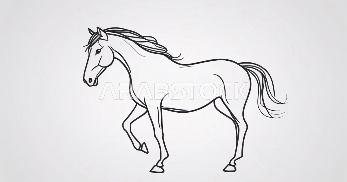 شغف الفروسية وركوب الخيل، رسم توضيحي بالأبيض والأسود لحصان عربي أصيل ...