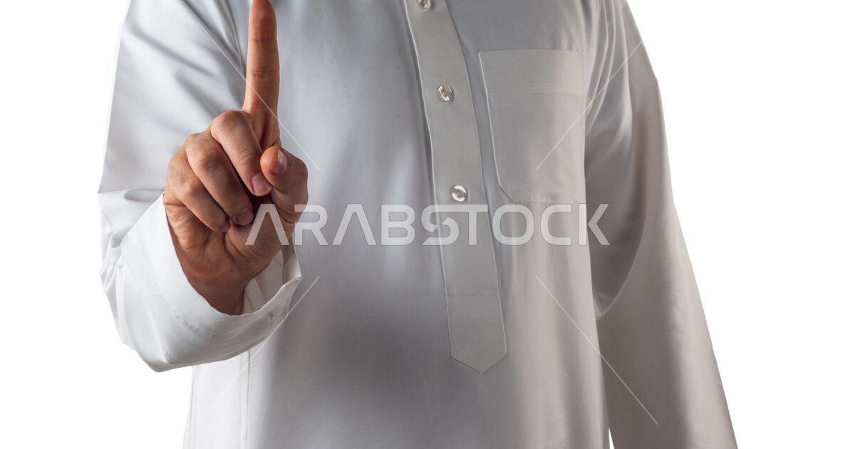 Portrait of a Saudi Gulf man making different hand gestures, pointing ...
