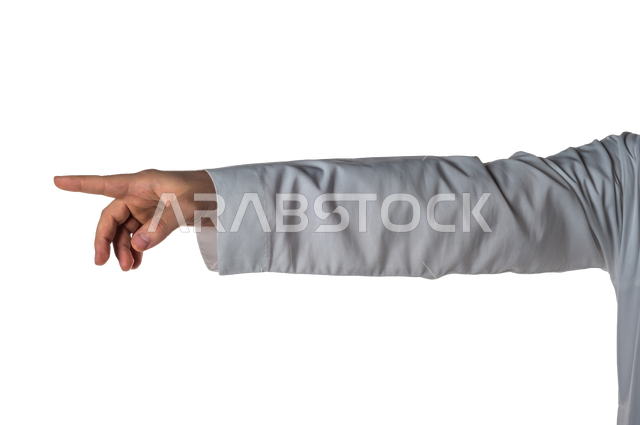 Portrait of a Saudi Gulf man making different hand gestures, pointing ...