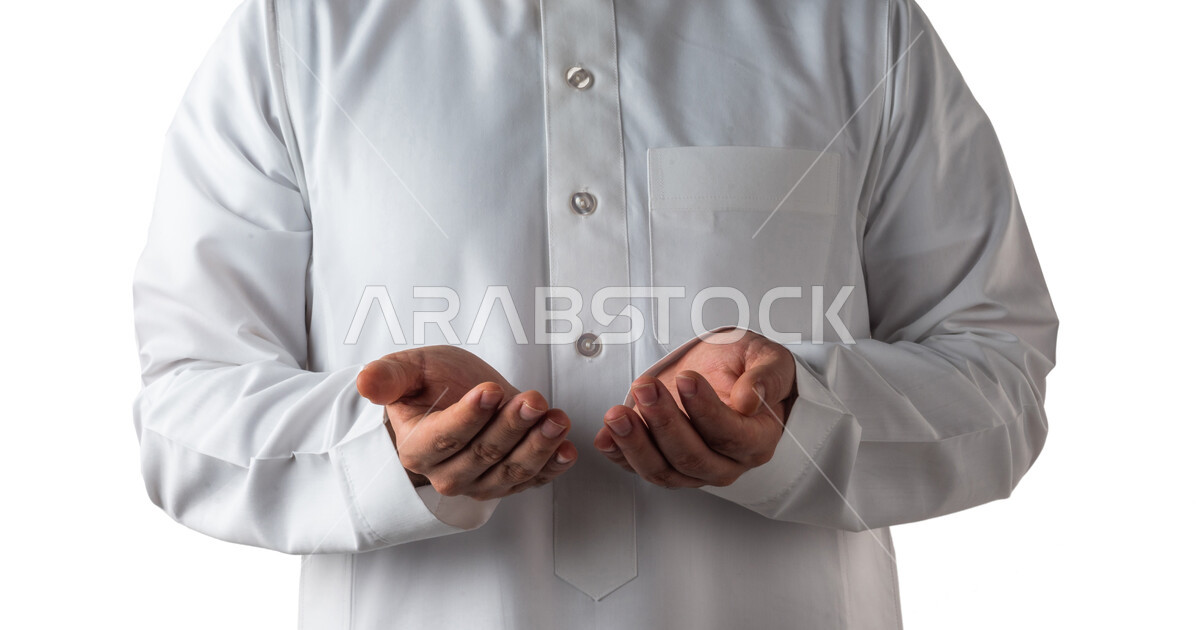 Portrait of a Saudi Gulf man making different hand gestures, opening ...