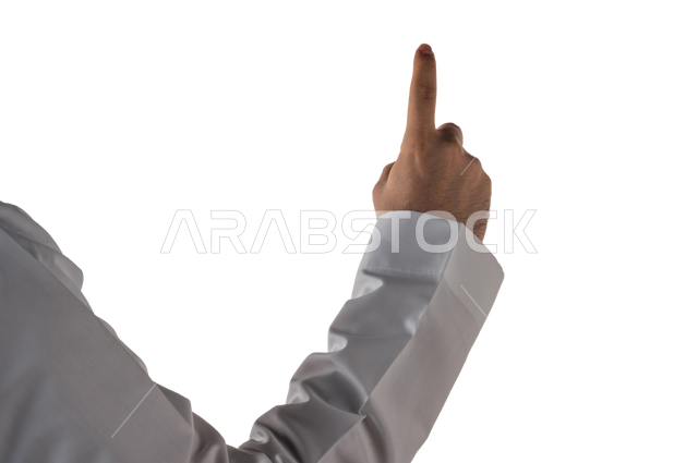 Portrait of a Saudi Gulf man making different hand gestures, pointing ...