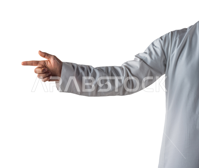 Portrait of a Saudi Gulf man making different hand gestures, pointing ...