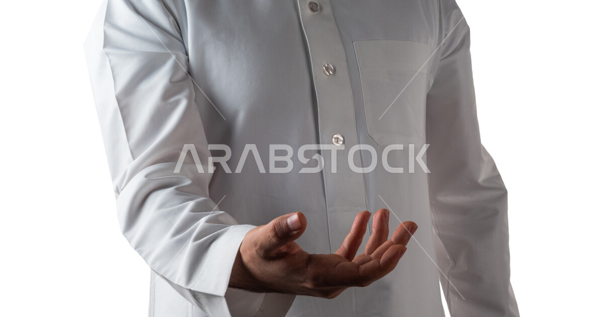Portrait of a Saudi Arabian Gulf man with different hand gestures ...