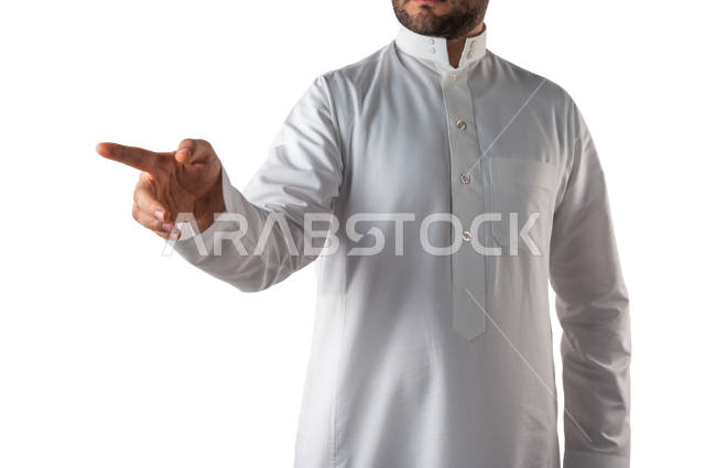 Portrait of a Saudi Gulf man making different hand gestures, pointing ...