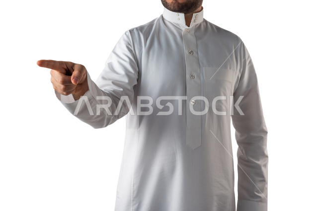 Portrait of a Saudi Gulf man making different hand gestures, pointing ...