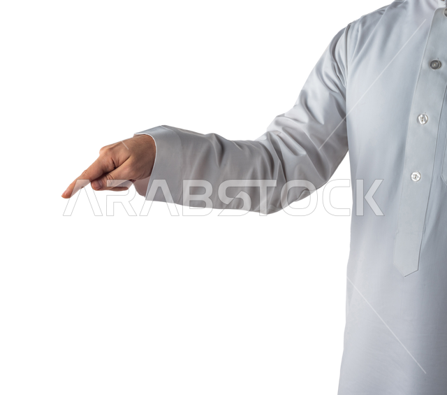 Portrait of a Saudi Gulf man making different hand gestures, pointing ...