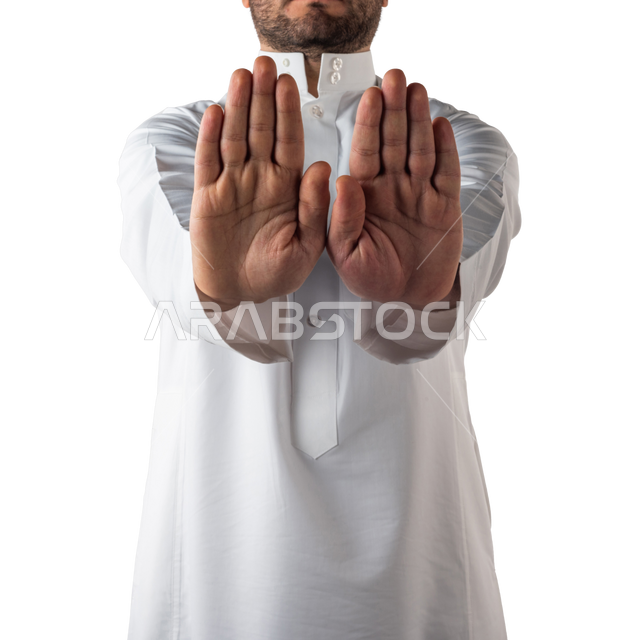 Portrait of a Saudi Gulf man making different hand gestures, his hand ...