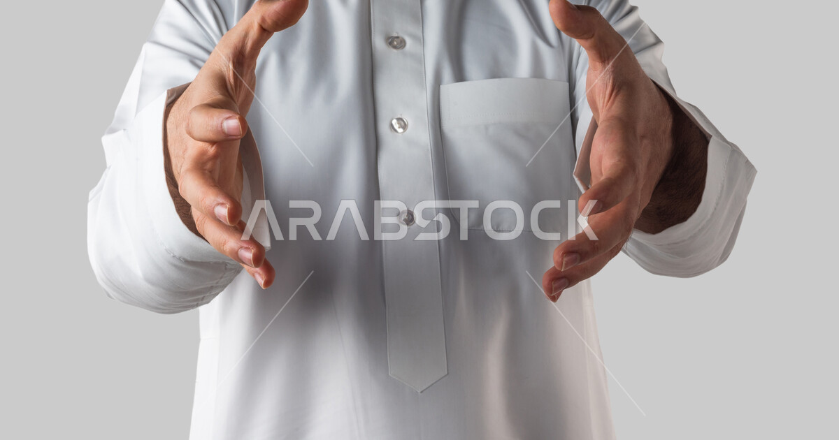 Portrait of a Saudi Arabian Gulf man with different hand gestures ...