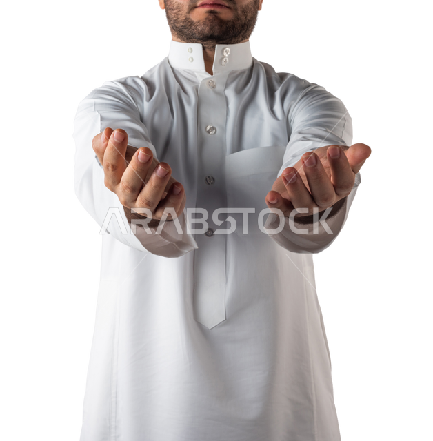 Portrait of a Saudi Gulf man making different hand gestures, opening ...