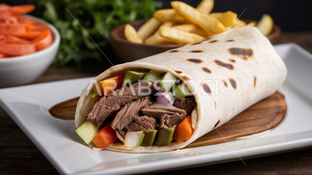 Eastern Arabic cuisine, meat shawarma sandwich with fresh vegetables ...
