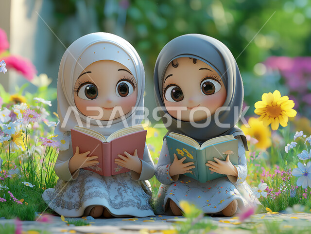 Illustration of two little girls wearing hijab reading a book in a ...