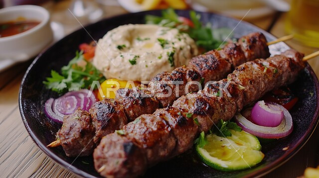 وصفات الدجاج واللحوم بنكهات متنوعة، طبق من أسياخ الكباب المشوي على ...