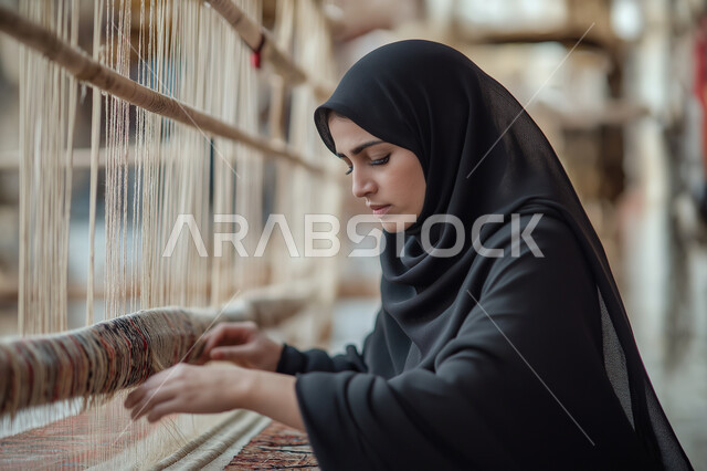 Old handicrafts in Saudi Arabia, close-up of a Saudi Arabian Gulf woman ...