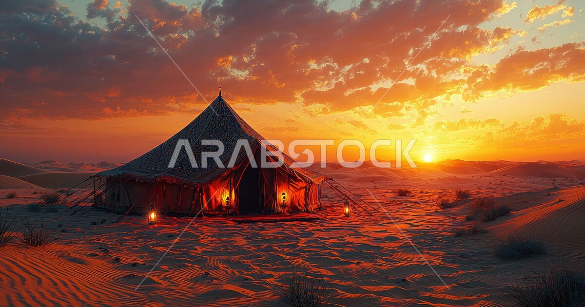 Tourist camps in the wilderness, a popular Bedouin tent in the middle ...