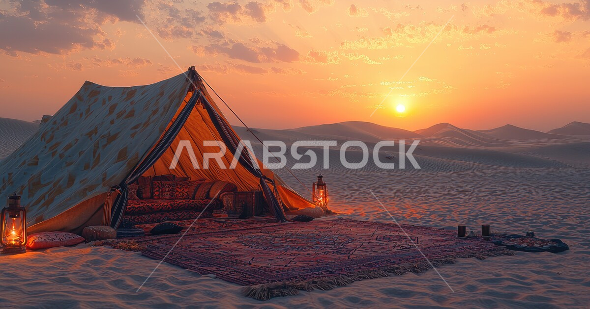 Tourist camps in the wilderness, a popular Bedouin tent in the middle ...