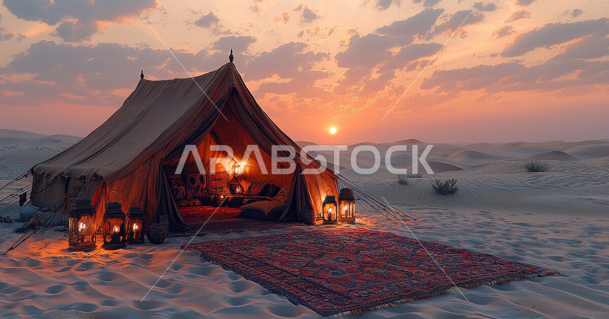 Tourist camps in the wilderness, a popular Bedouin tent in the middle ...