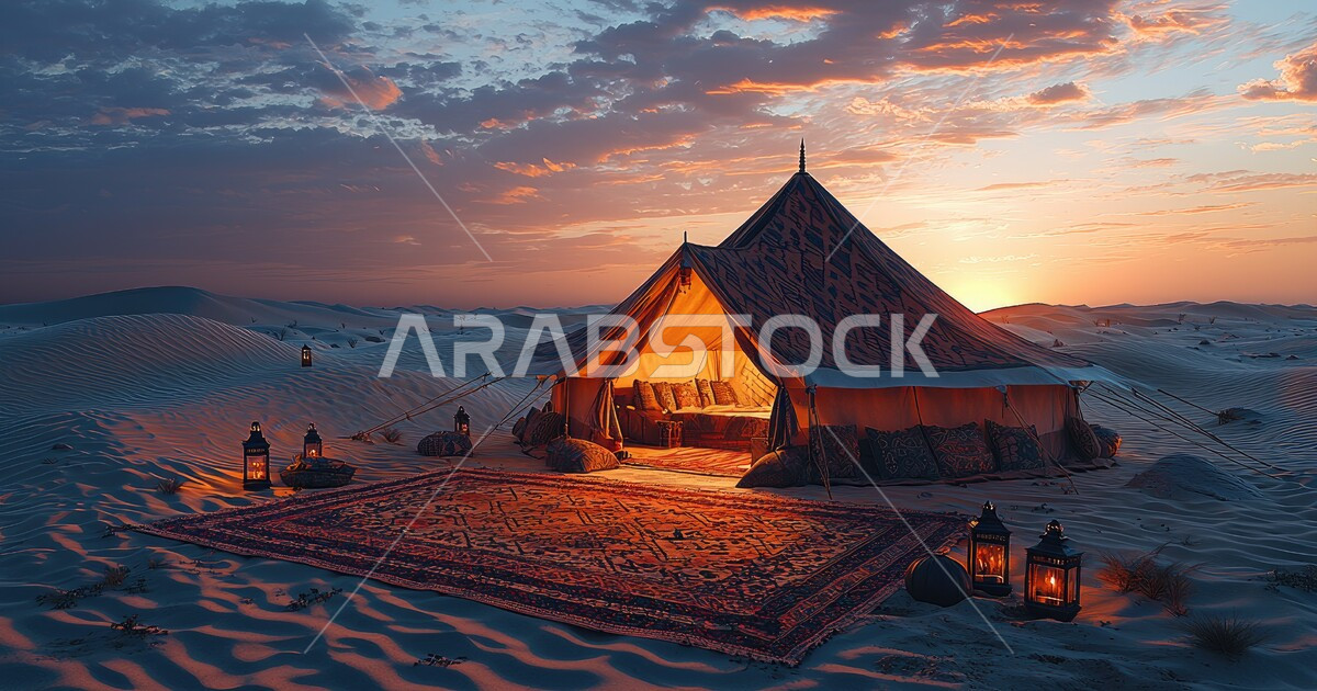 Camping in the deserts of Saudi Arabia, calm winter atmosphere, a ...
