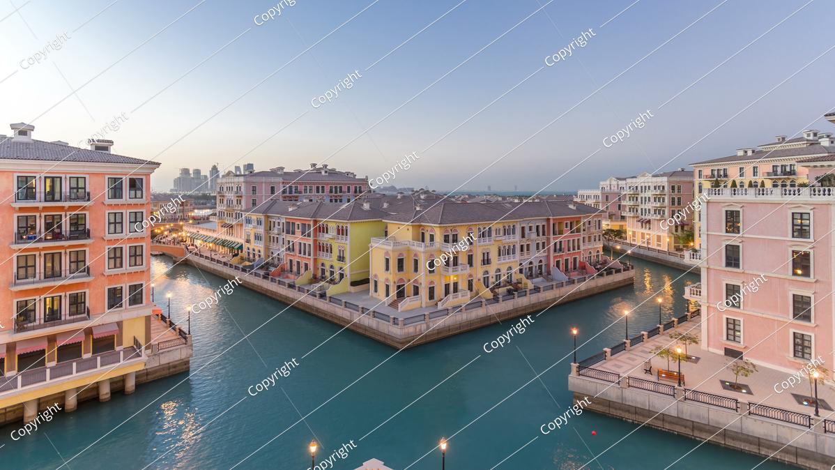 Canal aerial top view in Venice-like Qanat Quartier of the Pearl ...