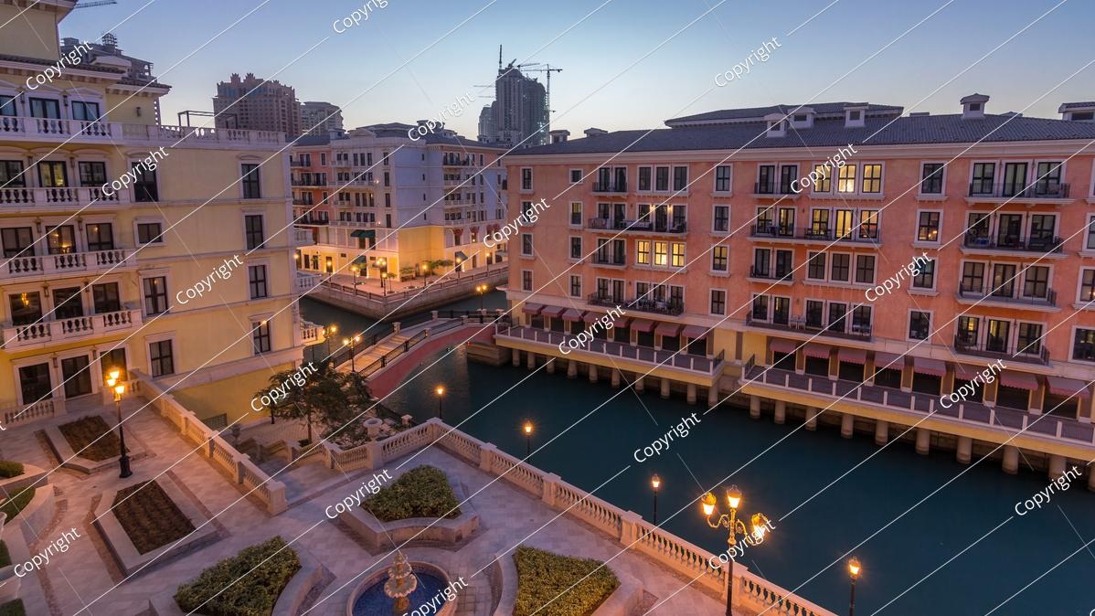 Canal aerial top view in Venice-like Qanat Quartier of the Pearl ...