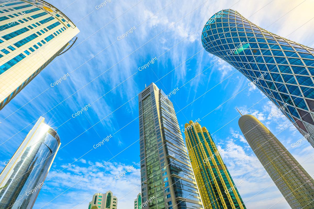 Aerial shot of Doha Tower (also known as Burj Doha), West Bay, Doha ...