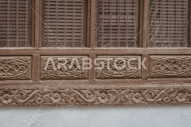 Historic antique wooden windows in the historical city of Jeddah with ...