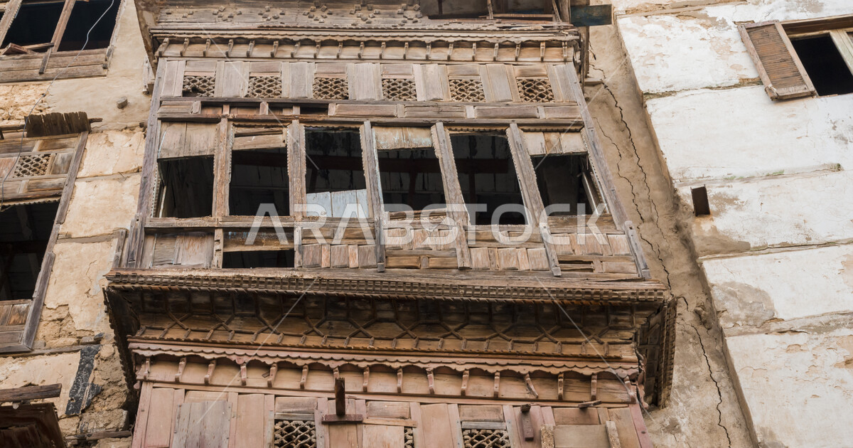 Historic antique wooden windows in the historical city of Jeddah with ...