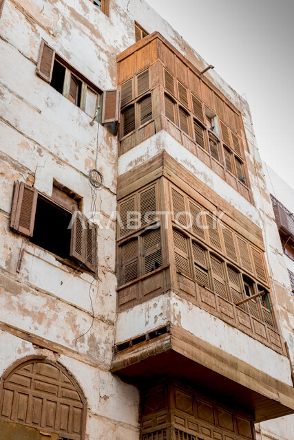 Historic antique wooden windows in the historical city of Jeddah with ...