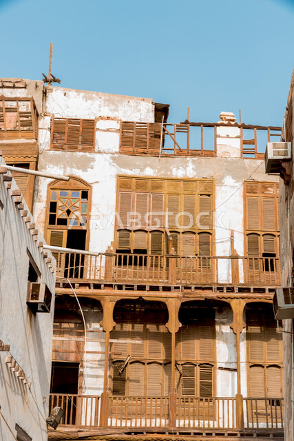 Historic antique wooden windows in the historical city of Jeddah with ...