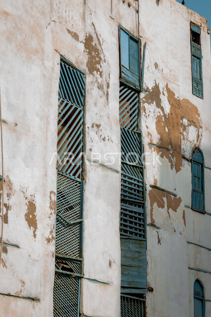 Historic antique wooden windows in the historical city of Jeddah with ...