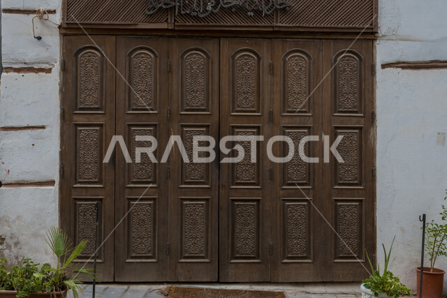 Historic antique wooden windows in the historical city of Jeddah with ...