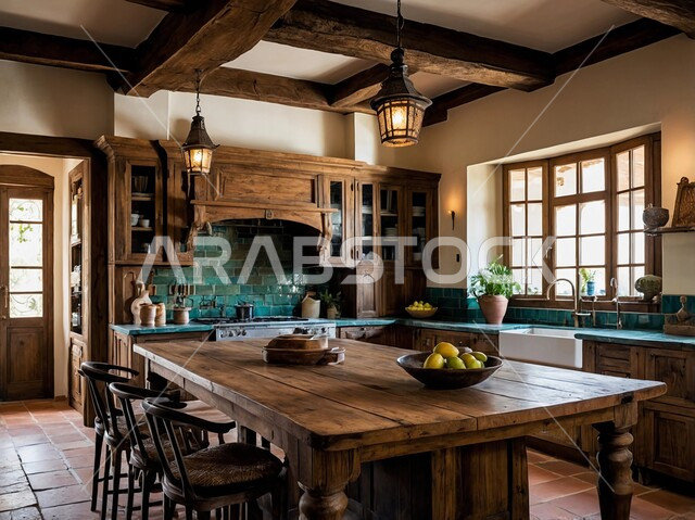 Interior design of a kitchen with elegant wooden furniture in the old ...