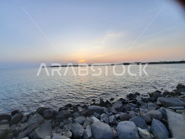 Landscape in Jeddah, Saudi Arabia, Red Sea beach at sunset, tourist ...