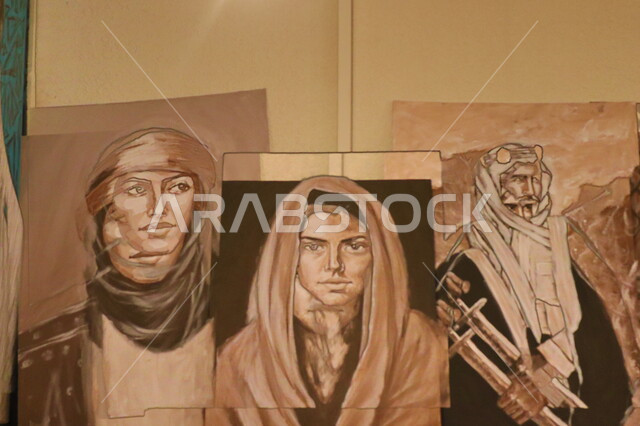 Hanging murals and engravings, an art corner in one of the Saudi ...