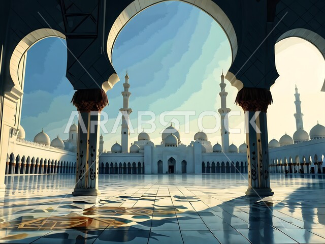 Performing the ritual prayer, ancient Arabic architectural art, places ...