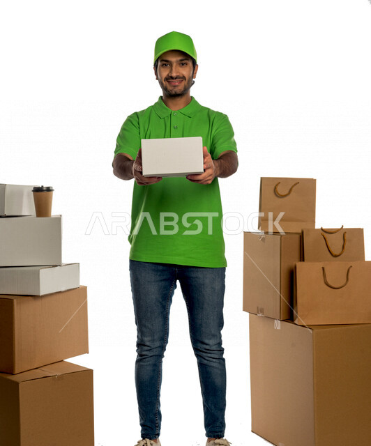 Portrait of a Saudi Arabian Gulf man working in the delivery of orders ...