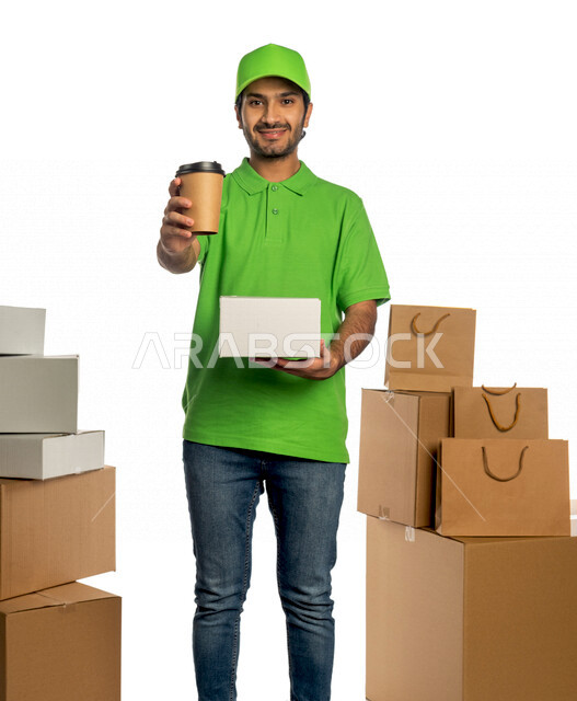 Portrait of a Saudi Arabian Gulf man working in the delivery of orders ...