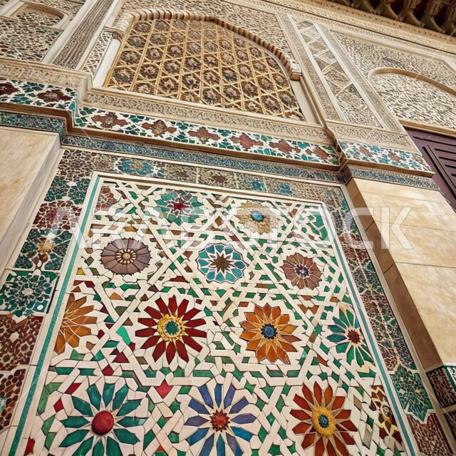 Traditional colorful Islamic engravings and decorations on the walls ...