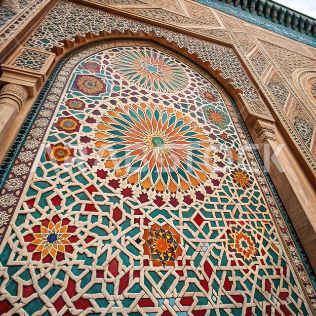 Traditional colorful Islamic decorations and engravings on the walls ...