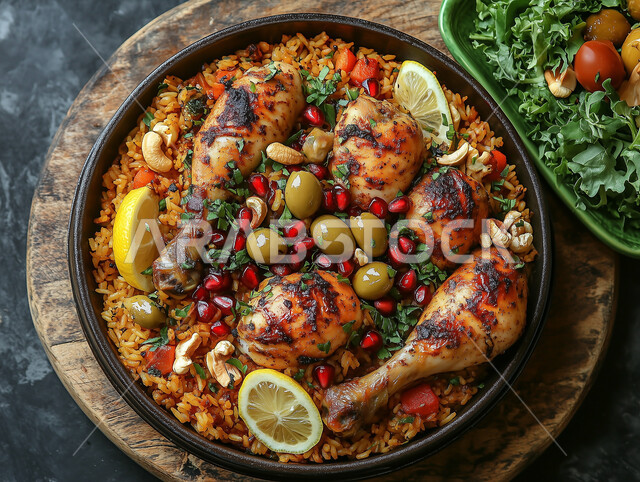 Traditional Arabic dishes and foods, a plate of biryani rice, grilled ...