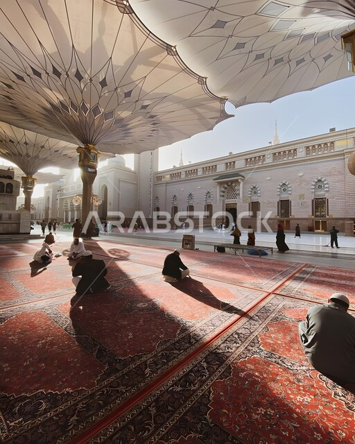 Architectural art of minarets and green dome in Islamic style, Islamic ...