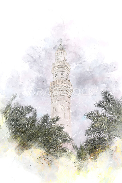 Drawings of sacred religious landmarks and famous Islamic places in the ...