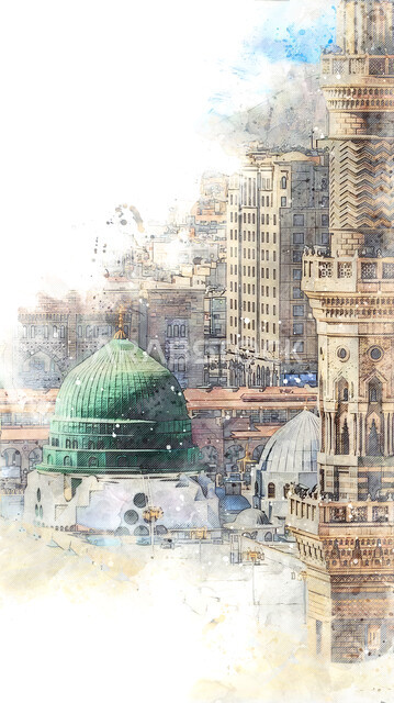 Drawings of sacred religious landmarks and famous Islamic places in the ...