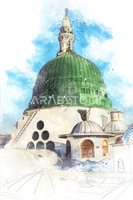 Drawings of sacred religious landmarks and famous Islamic places in the ...