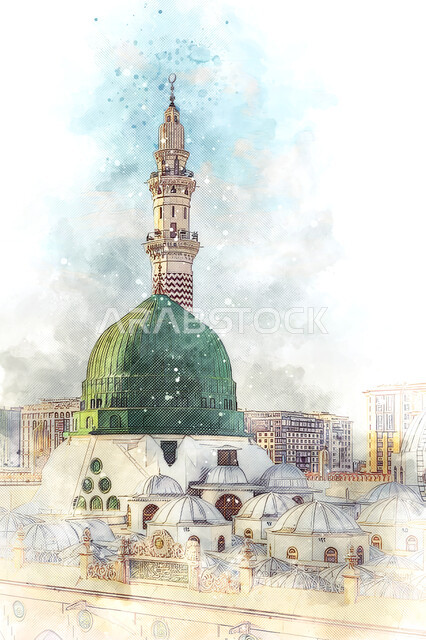 The Prophet's Mosque in Medina, an artistic painting of the ...