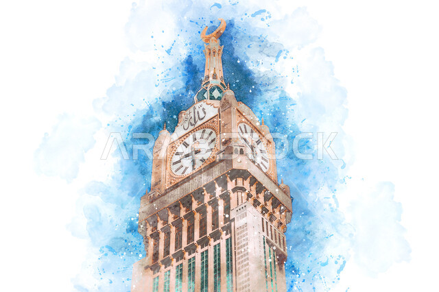 Drawings of the Holy Mosque in Mecca, famous Islamic landmarks and holy ...