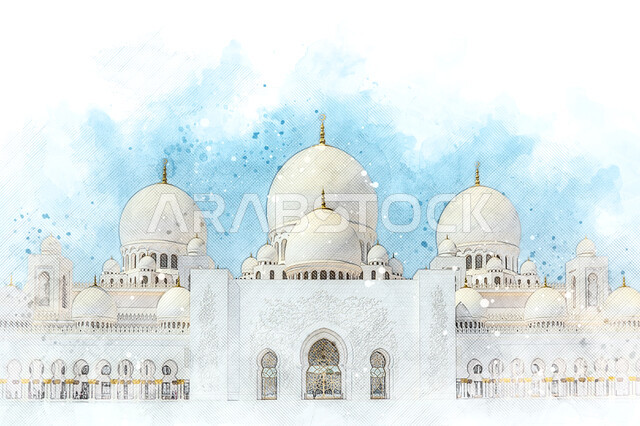 Drawings of Islamic holy places, famous mosques in UAE, Sheikh Zayed ...