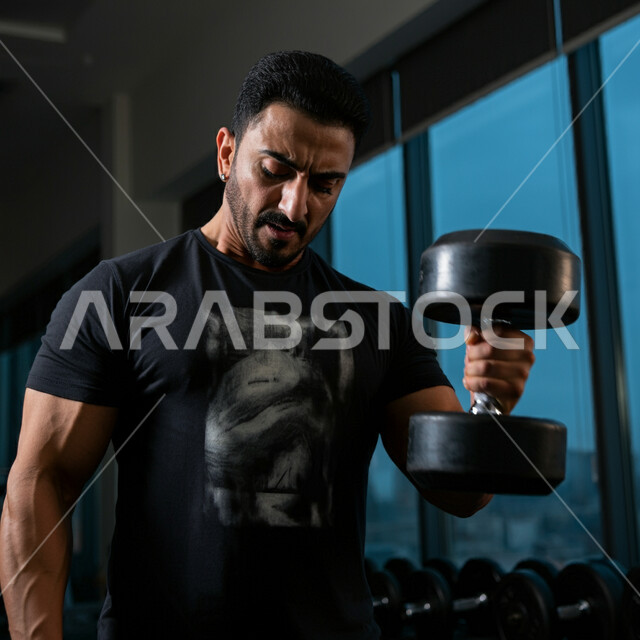 Lifting weights and heavy iron weights, a young Saudi Arabian Gulf man ...