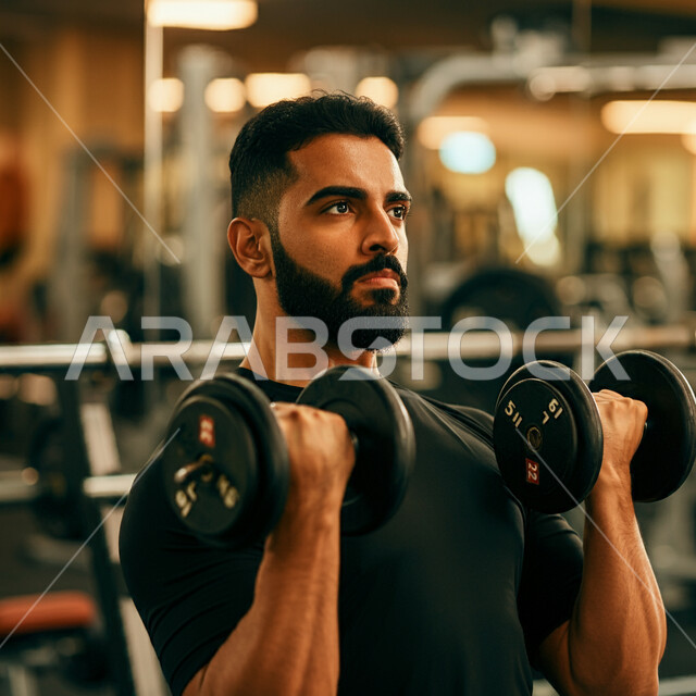 Lifting weights and heavy iron weights, a young Saudi Arabian Gulf man ...