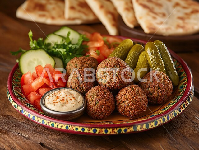 Oriental Arabic cuisine, a plate of crispy falafel discs with fresh ...