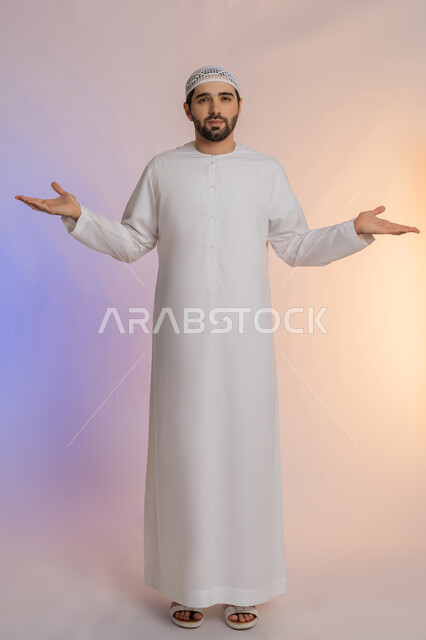 Opening hands to indicate surrender, anxiety and confusion in making ...